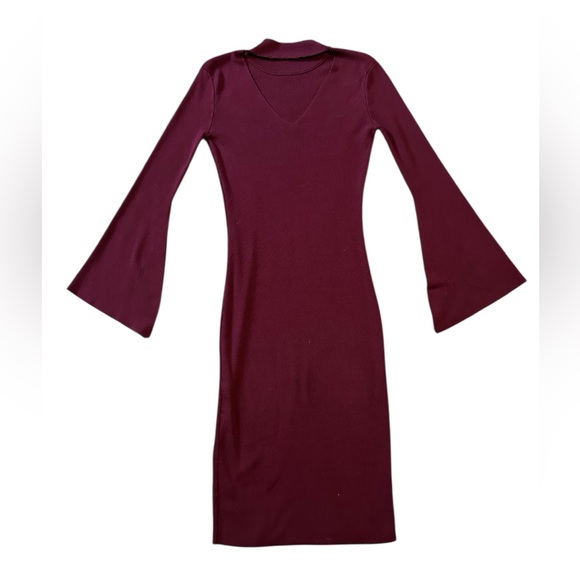 Main Strip | Dresses | Main Strip Burgundy Open Chest Flare Sleeve Midi ...